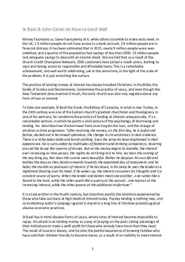 (DOC) St Basil and John Calvin on Usury and Financial Justice