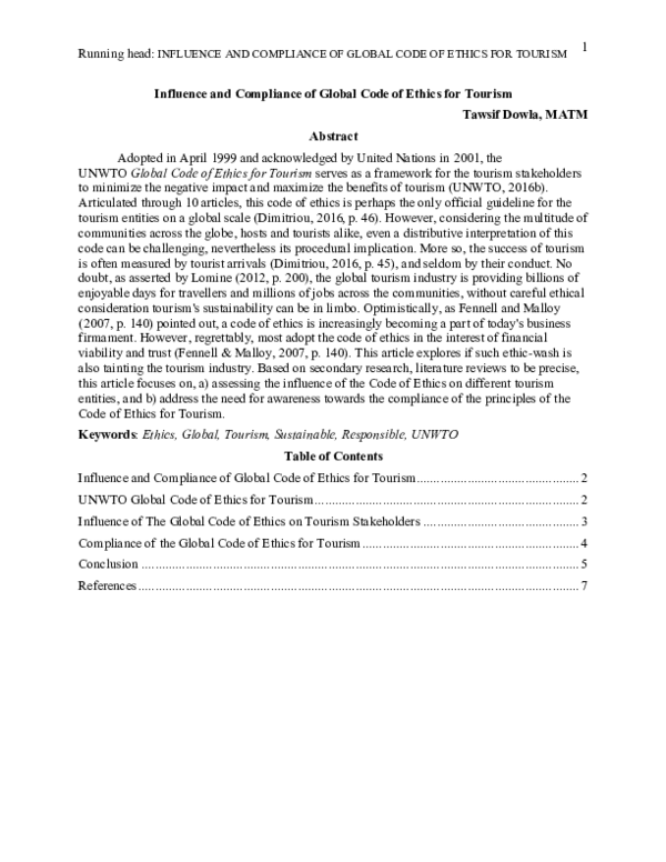 (PDF) Influence and Compliance of Global Code of Ethics for Tourism