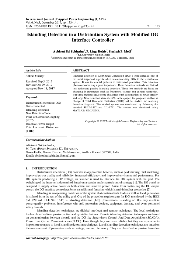 Pdf Islanding Detection In A Distribution System With Modified Dg Interface Controller