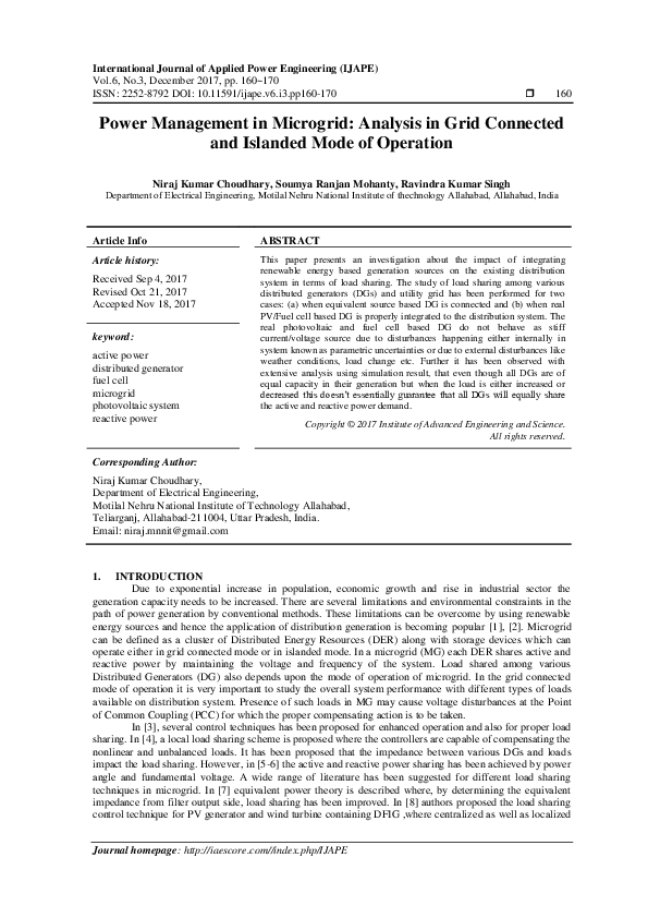 Pdf Power Management In Microgrid Analysis In Grid Connected And Islanded Mode Of Operation