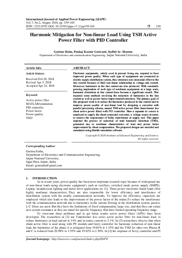 (PDF) Harmonic Mitigation for Non-linear Load Using TSH Active Power Filter with PID Controller