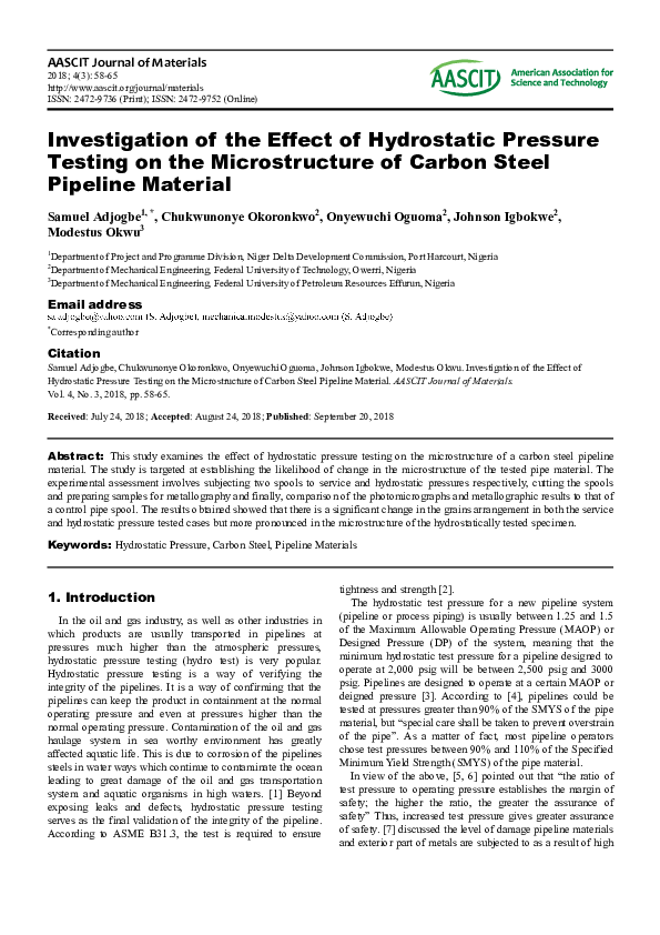 Pdf Investigation Of The Effect Of Hydrostatic Pressure Testing On