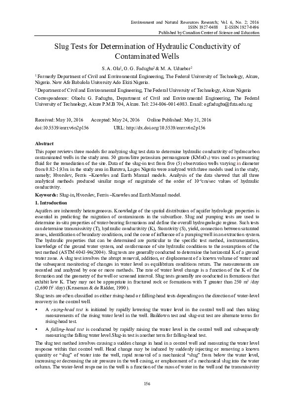 (PDF) Slug Tests for Determination of Hydraulic Conductivity of ...