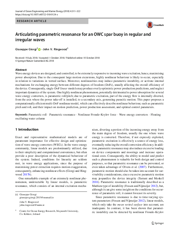Pdf Articulating Parametric Resonance For An Owc Spar Buoy In Regular