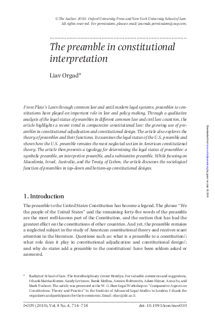 (PDF) The Preamble in Constitutional Interpretation