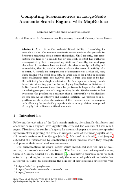 (PDF) Computing Scientometrics in Large-Scale Academic Search Engines with MapReduce