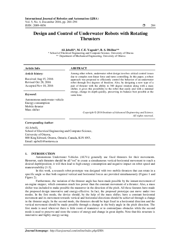 (PDF) Design and Control of Underwater Robots with Rotating Thrusters