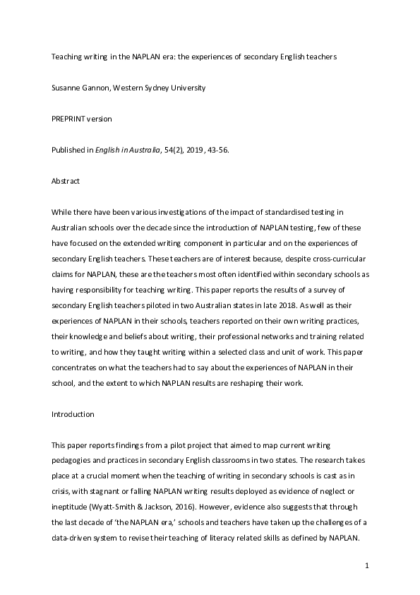 (PDF) Gannon Teaching writing in the NAPLAN era (FINAL preprint)