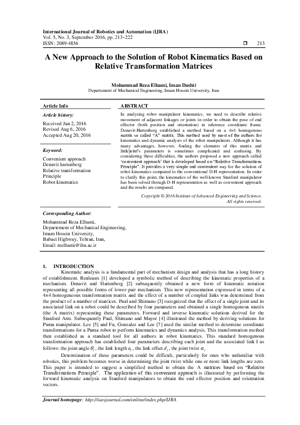 Pdf A New Approach To The Solution Of Robot Kinematics Based On Relative Transformation Matrices