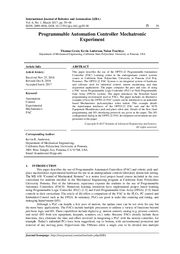 (PDF) Programmable Automation Controller Mechatronic Experiment