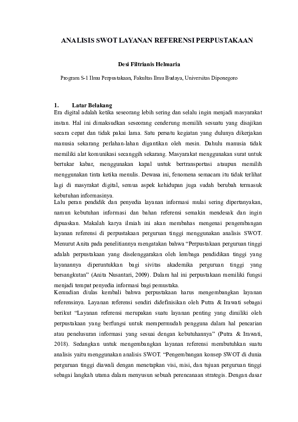 (PDF) ANALISIS SWOT LAYANAN REFERENSI PERPUSTAKAAN