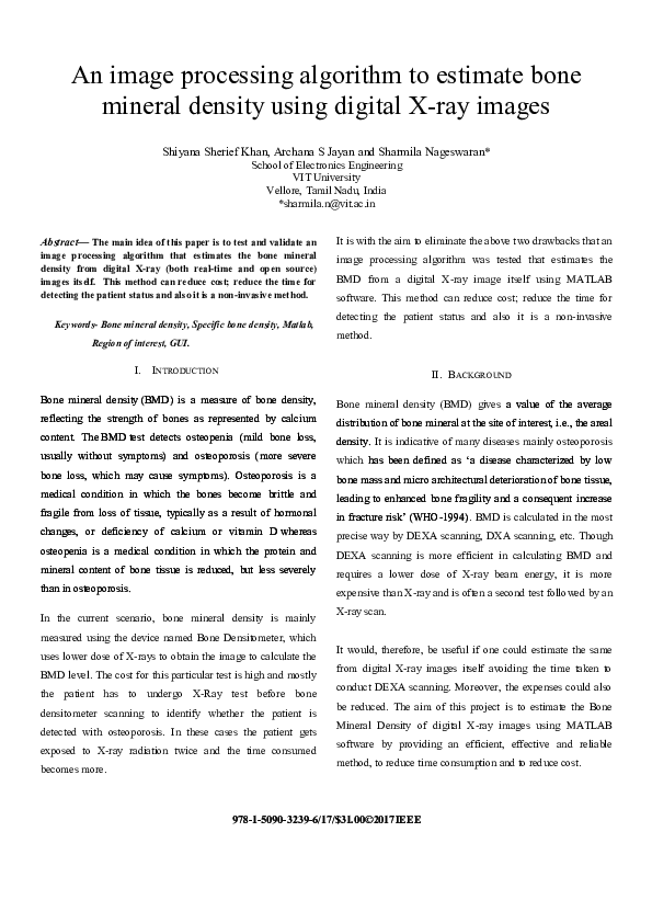 Pdf An Image Processing Algorithm To Estimate Bone Mineral Density Using Digital X Ray Images