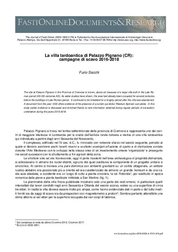 (PDF) Furio Sacchi (2019): "La villa tardoantica di Palazzo Pignano (CR ...