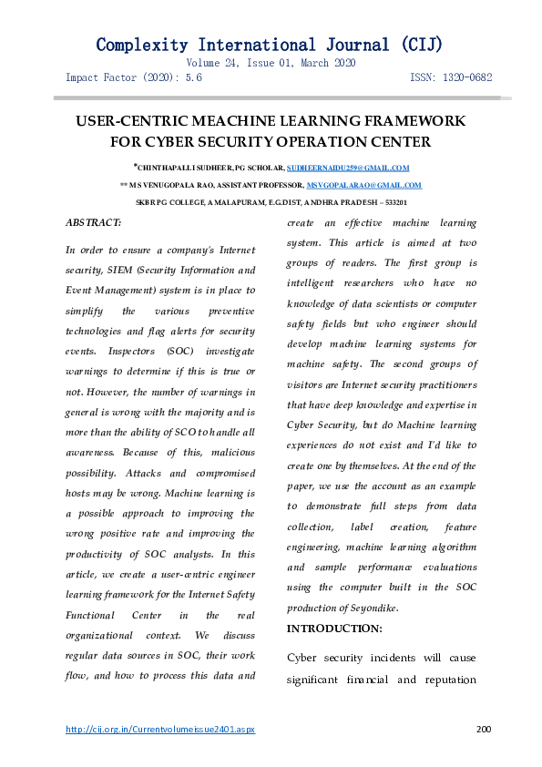 (PDF) USER-CENTRIC MEACHINE LEARNING FRAMEWORK FOR CYBER SECURITY ...