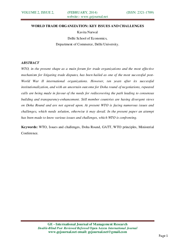 (PDF) WORLD TRADE ORGANIZATION: KEY ISSUES AND CHALLENGES