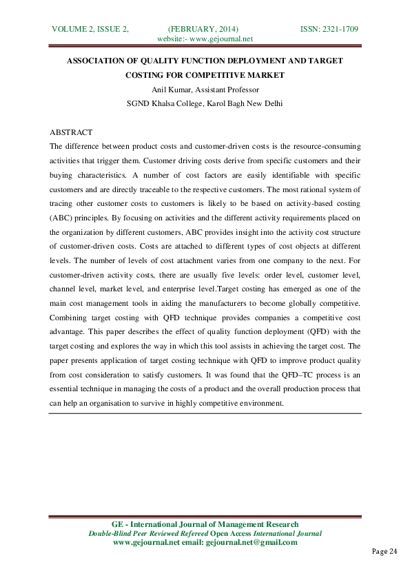 (PDF) ASSOCIATION OF QUALITY FUNCTION DEPLOYMENT AND TARGET COSTING FOR ...