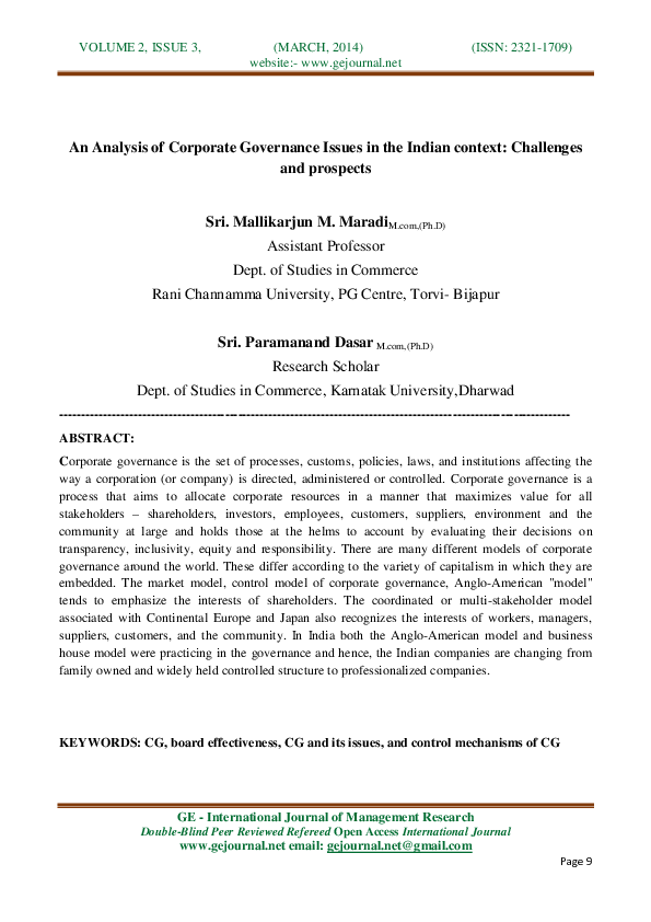 (PDF) An Analysis of Corporate Governance Issues in the Indian context ...