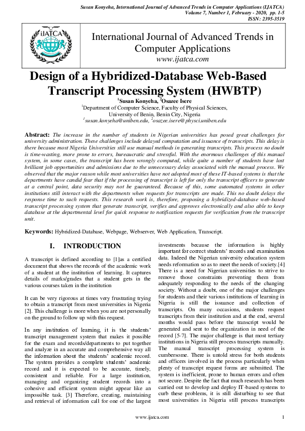 Pdf Design Of A Hybridized Database Web Based Transcript Processing System Hwbtp