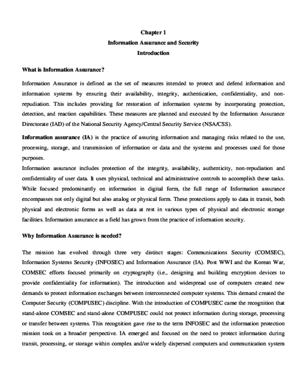 (PDF) Chapter 1 Information Assurance and Security
