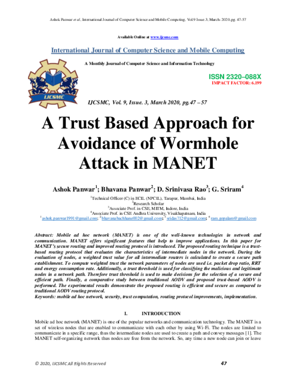 Pdf A Trust Based Approach For Avoidance Of Wormhole Attack In Manet﻿