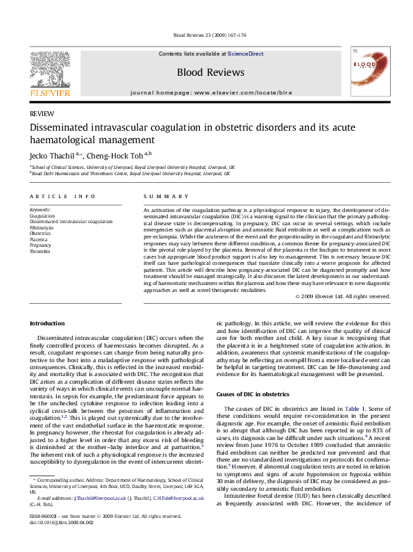 (PDF) Disseminated intravascular coagulation in obstetric disorders and ...