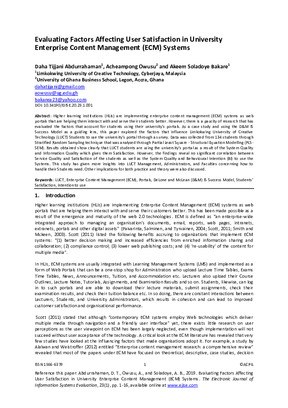Pdf Evaluating Factors Affecting User Satisfaction In University