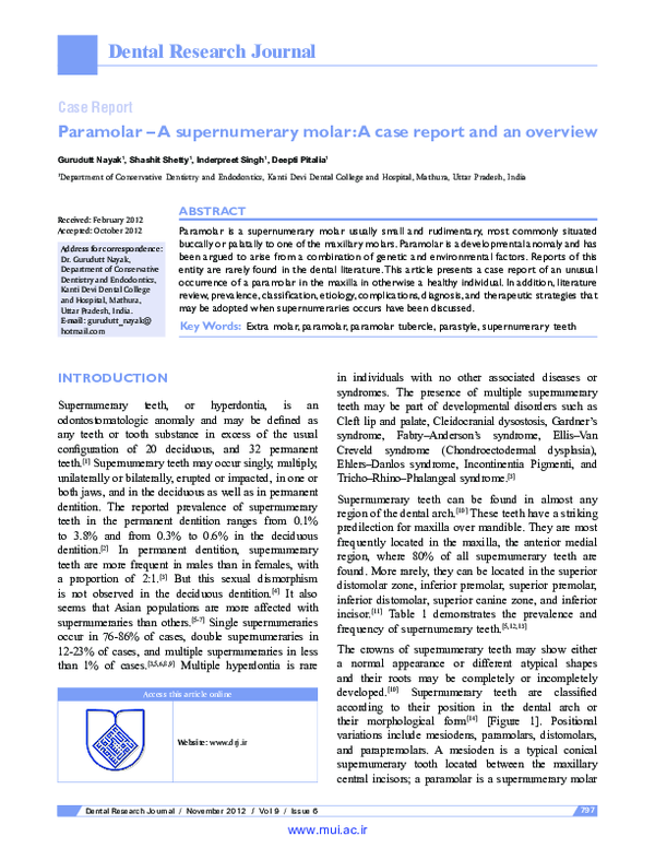 (PDF) Paramolar -A supernumerary molar: A case report and an overview