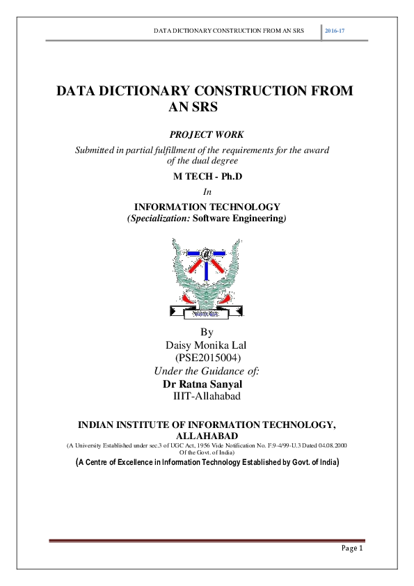 Pdf Data Dictionary Construction From An Srs