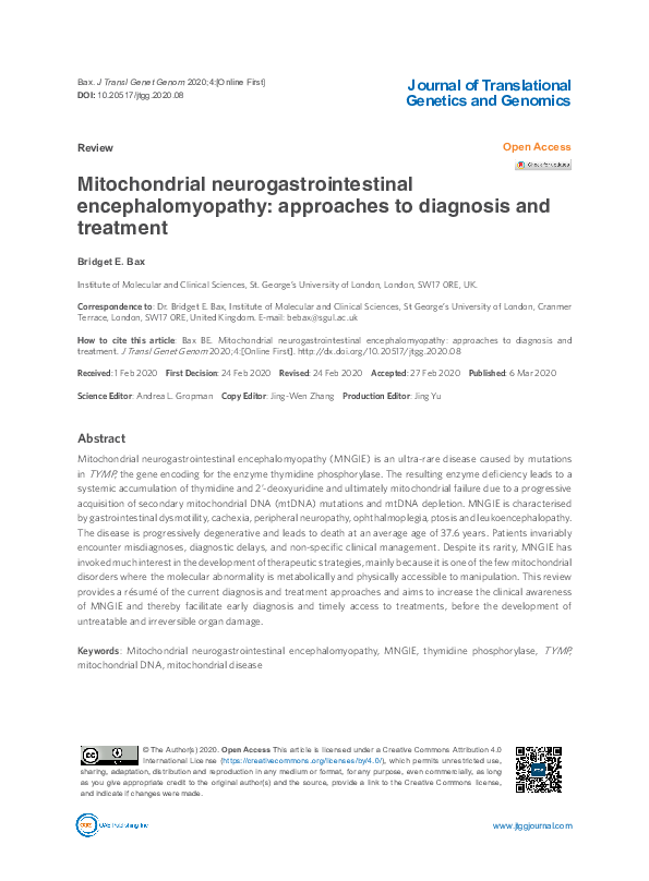 (PDF) Mitochondrial neurogastrointestinal encephalomyopathy: approaches ...