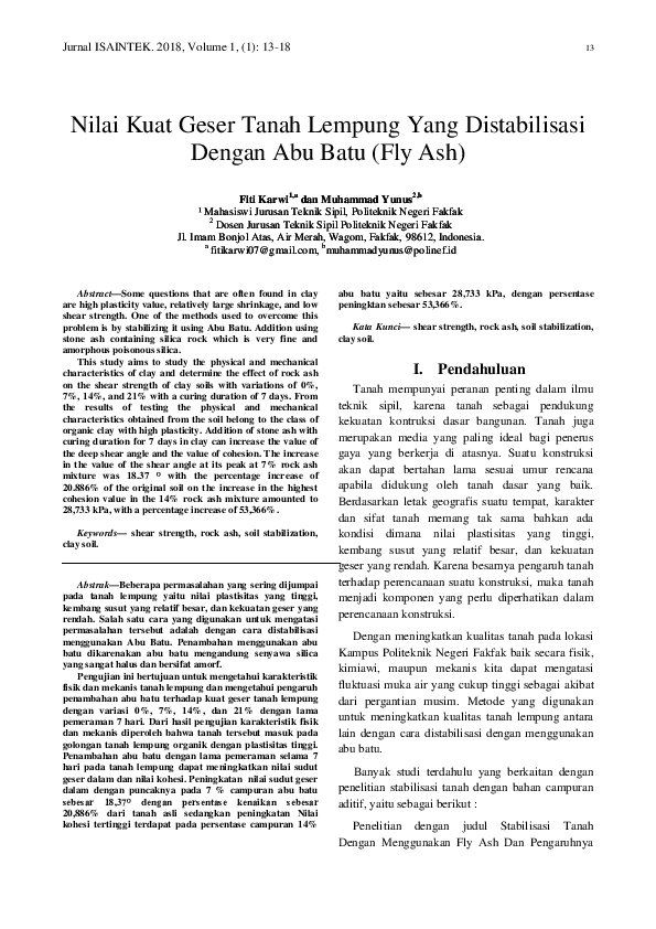 (PDF) Nilai Kuat Geser Tanah Lempung Yang Distabilisasi Dengan Abu Batu ...