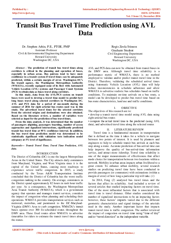 (PDF) IJERT-Transit Bus Travel Time Prediction using AVL Data