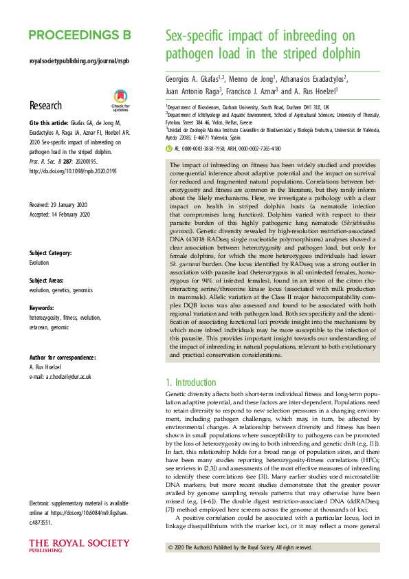 (PDF) Sex-specific impact of inbreeding on pathogen load in the striped dolphin | Athanasios ...
