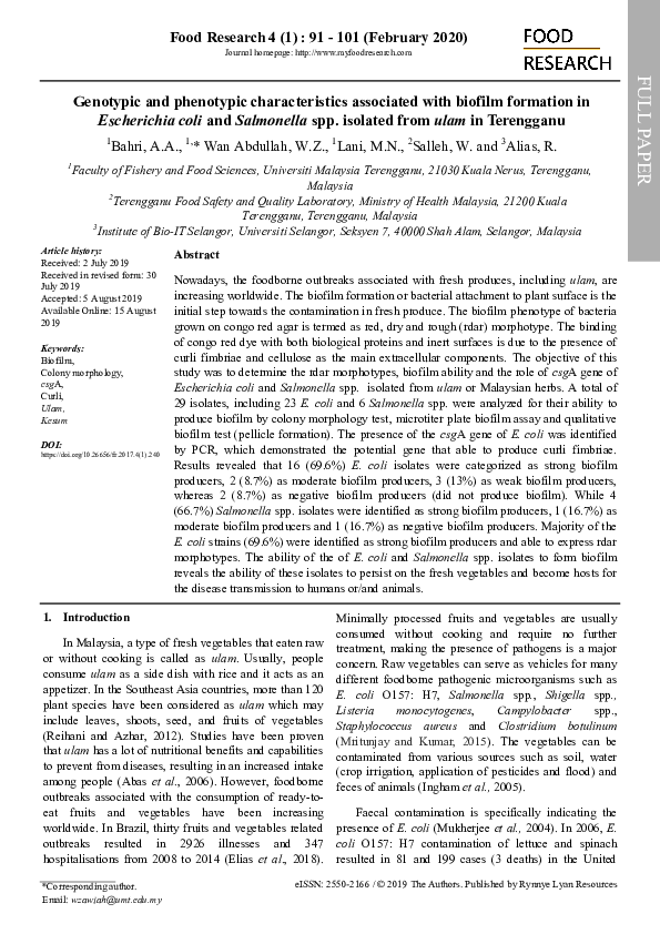 (PDF) Genotypic and phenotypic characteristics associated with biofilm formation in Escherichia ...