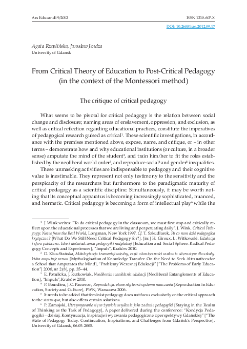 (PDF) From Critical Theory of Education to Post-Critical Pedagogy (in ...