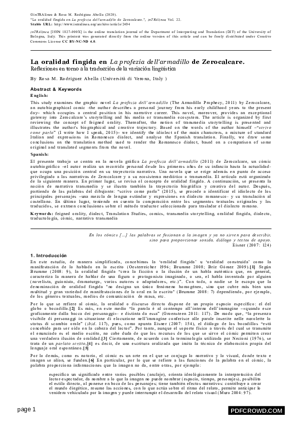 (PDF) La oralidad fingida en La profezia dell'armadillo de Zerocalcare
