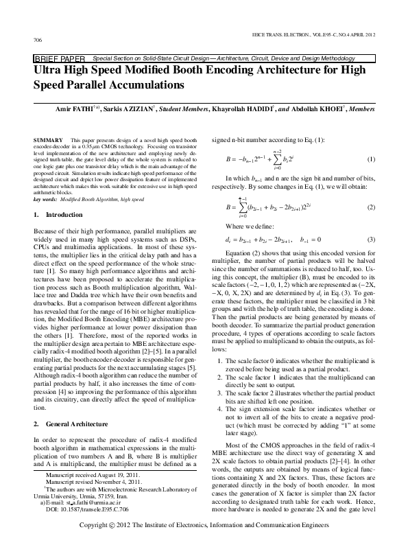Pdf Ultra High Speed Modified Booth Encoding Architecture For High Speed Parallel