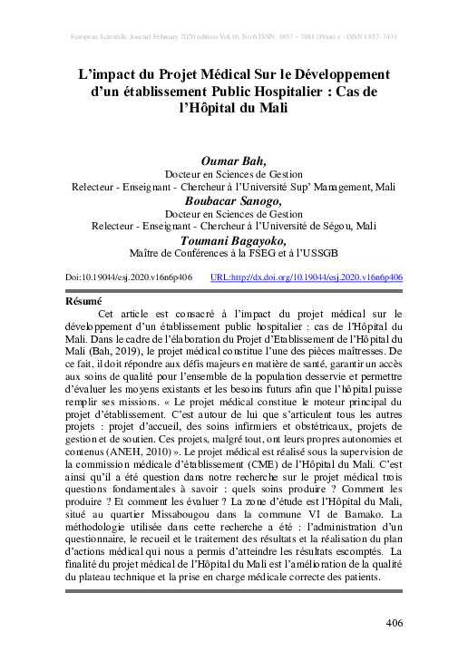 (PDF) L'impact du Projet Médical Sur le Développement d'un ...