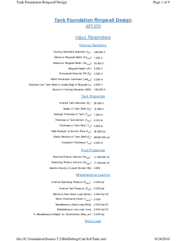 (PDF) Tank Foundation Ringwall Design API 650 Input Parameters Footing ...