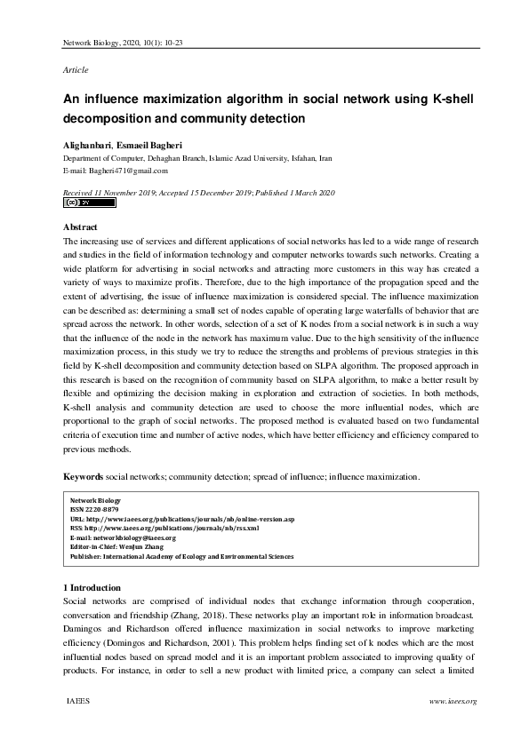 Pdf An Influence Maximization Algorithm In Social Network Using K Shell Decomposition And