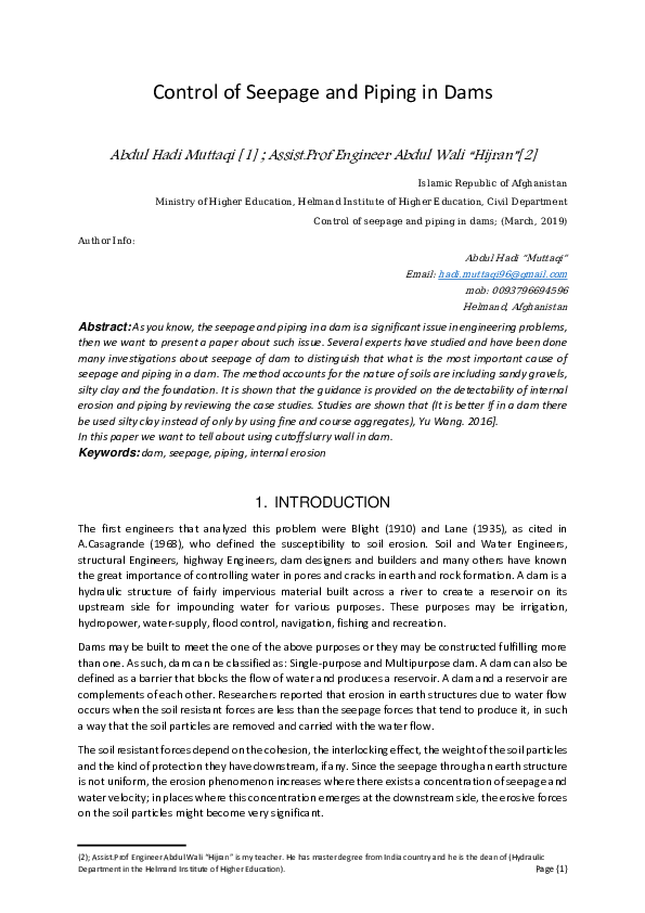 (PDF) Control of Seepage and Piping in Dams