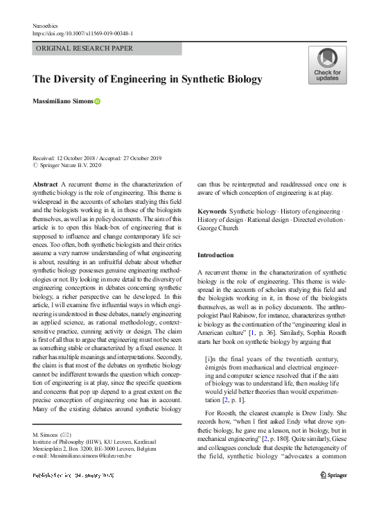 (PDF) The Diversity of Engineering in Synthetic Biology