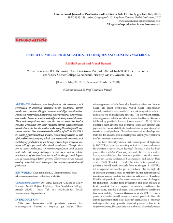 (PDF) PROBIOTIC MICROENCAPSULATION TECHNIQUES AND COATING MATERIALS