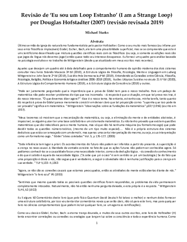 (PDF) Revisão de 'Eu sou um Loop Estranho' (I am a Strange Loop) por Douglas Hofstadter (2007 ...