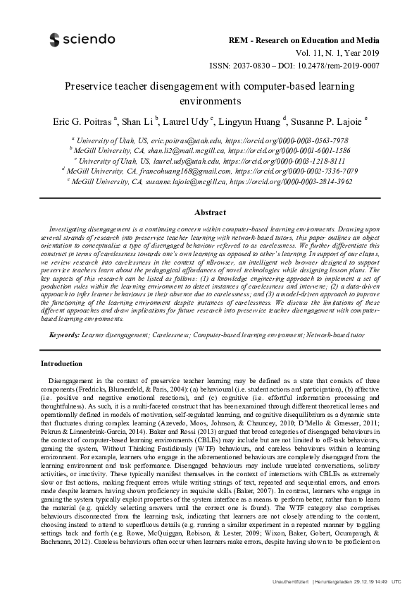 (PDF) Preservice teacher disengagement with computer-based learning environments