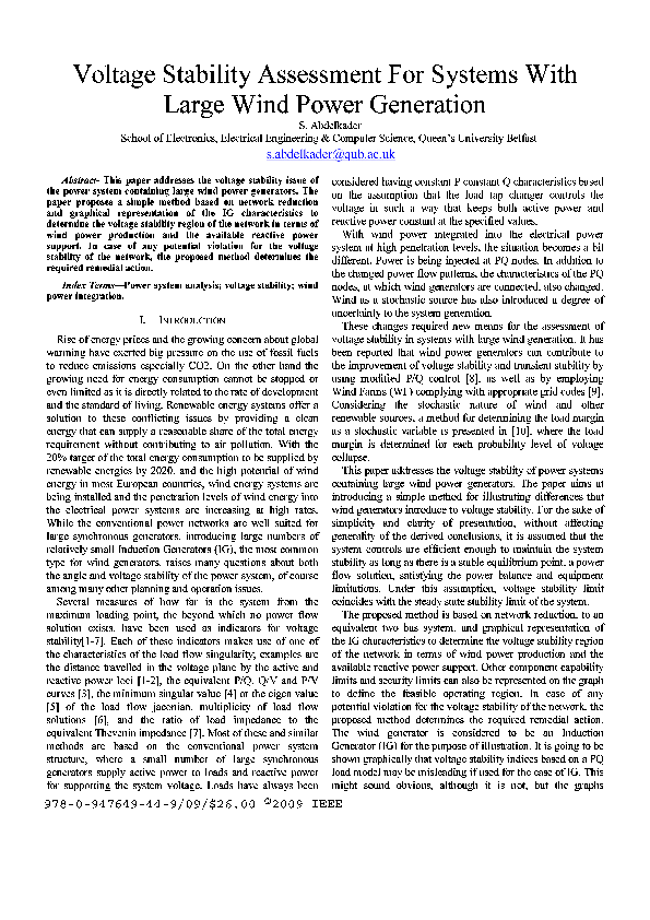 (PDF) Voltage stability assessment for systems with large wind power generation