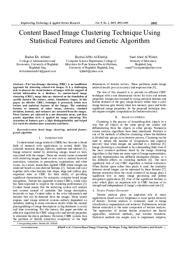 (PDF) Content Based Image Clustering Technique Using Statistical Features and Genetic Algorithm