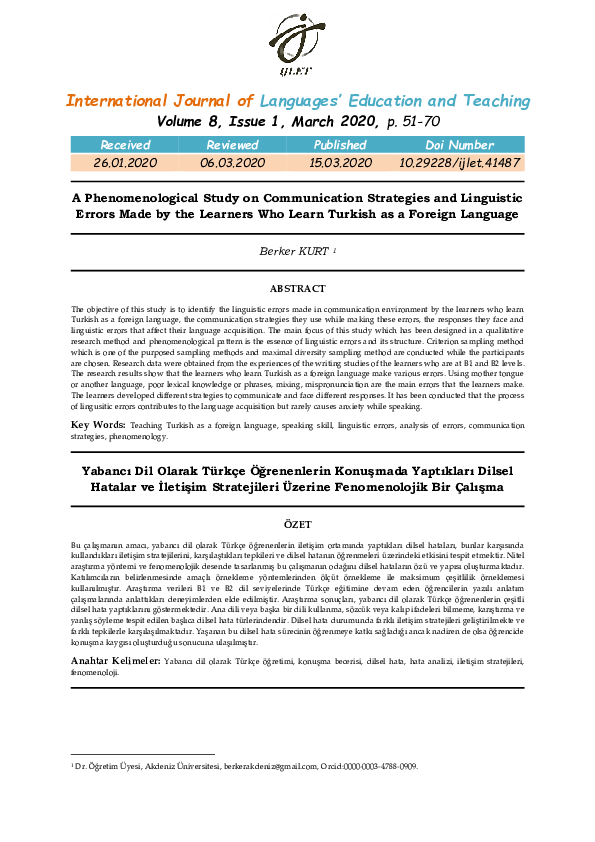 (PDF) A Phenomenological Study on Communication Strategies and Linguistic Errors Made by the ...