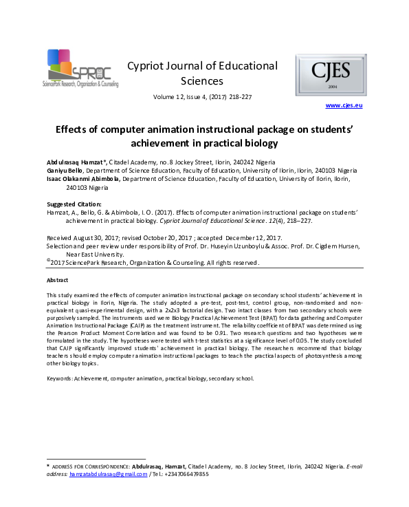 (PDF) Effects of computer animation instructional package on students ...
