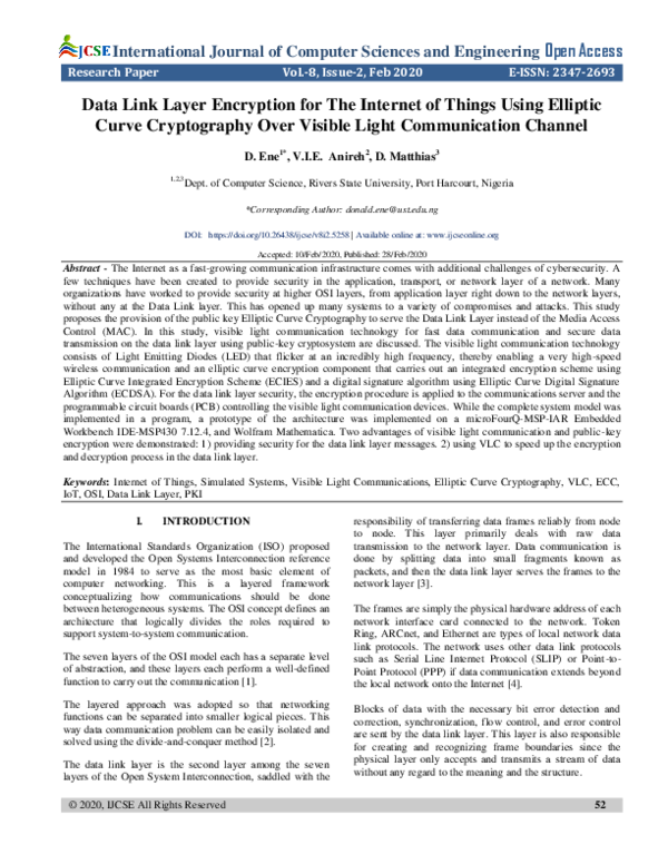 Pdf Data Link Layer Encryption For The Internet Of Things Using Elliptic Curve Cryptography