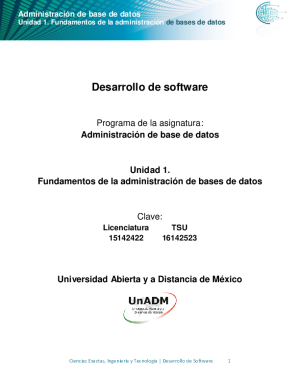 (PDF) Administración de base de datos Unidad 1. Fundamentos de la administración de bases de datos